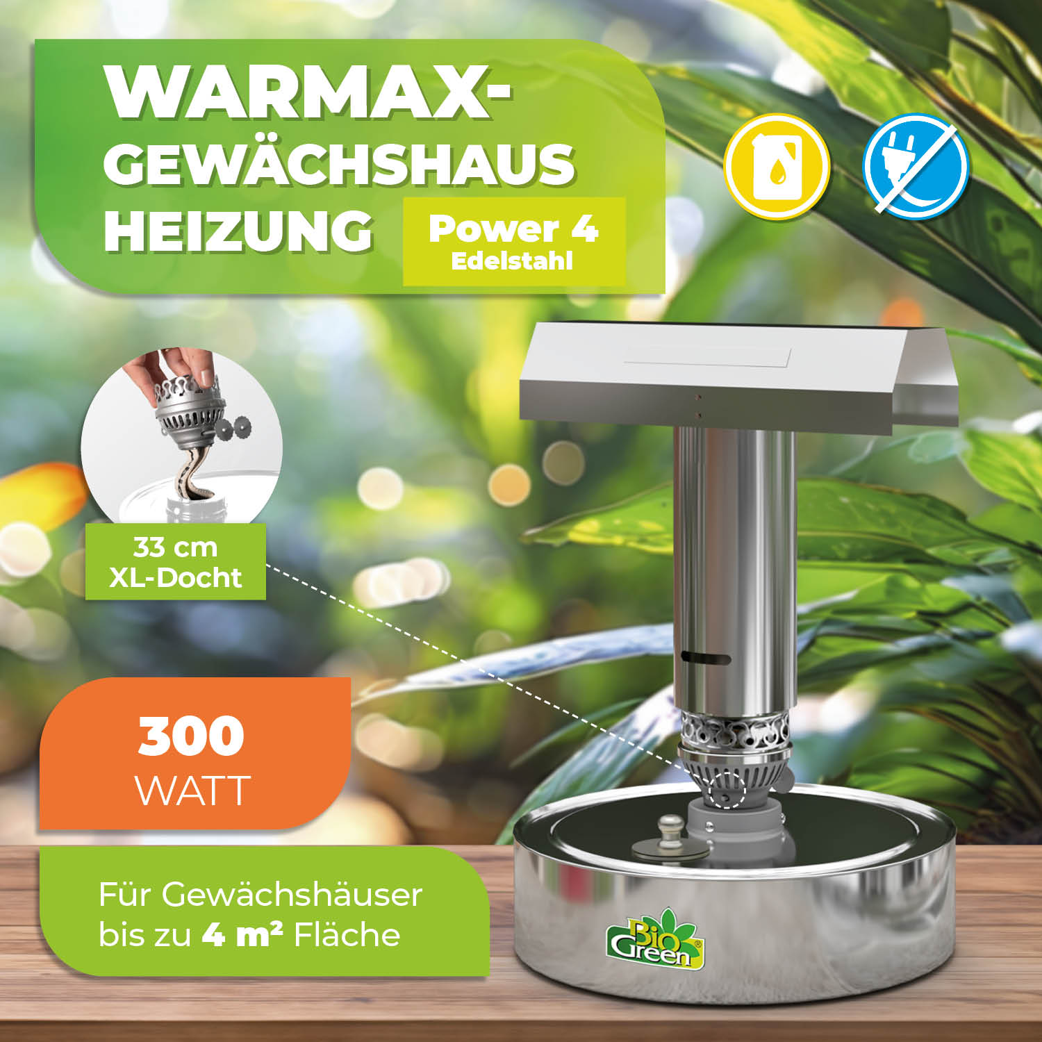 Paraffin Gewächshausheizung "Warmax Power 4" aus Edelstahl 300 Watt